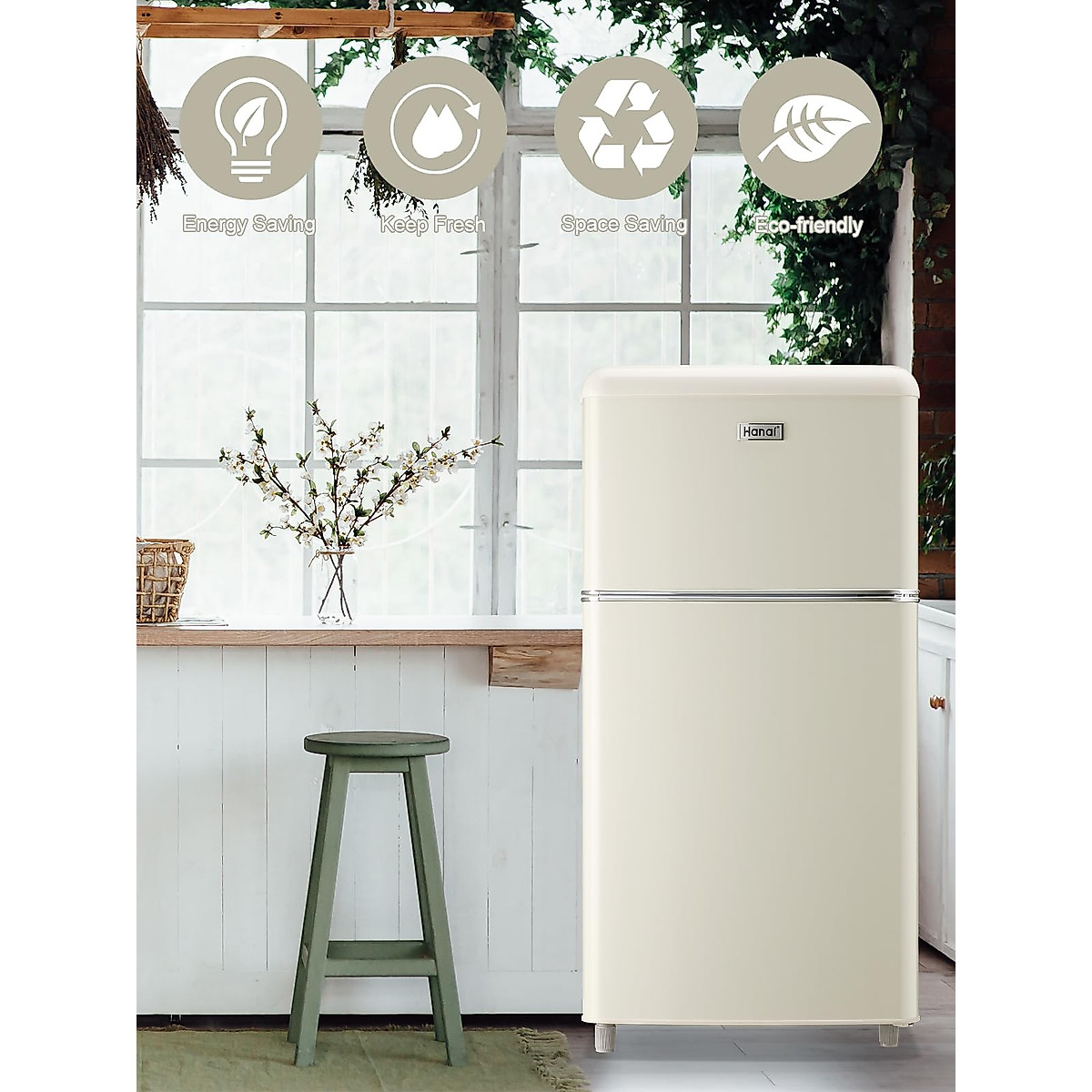 WANAI Compact Refrigerator 3.5 Cu.Ft Retro Mini Fridge With Freezer 2 Door Mini Refrigerator with 7 TEMP Modes, Removable Shelves, LED Lights, Ideal for Apartment Camper Dorm and Office, Cream