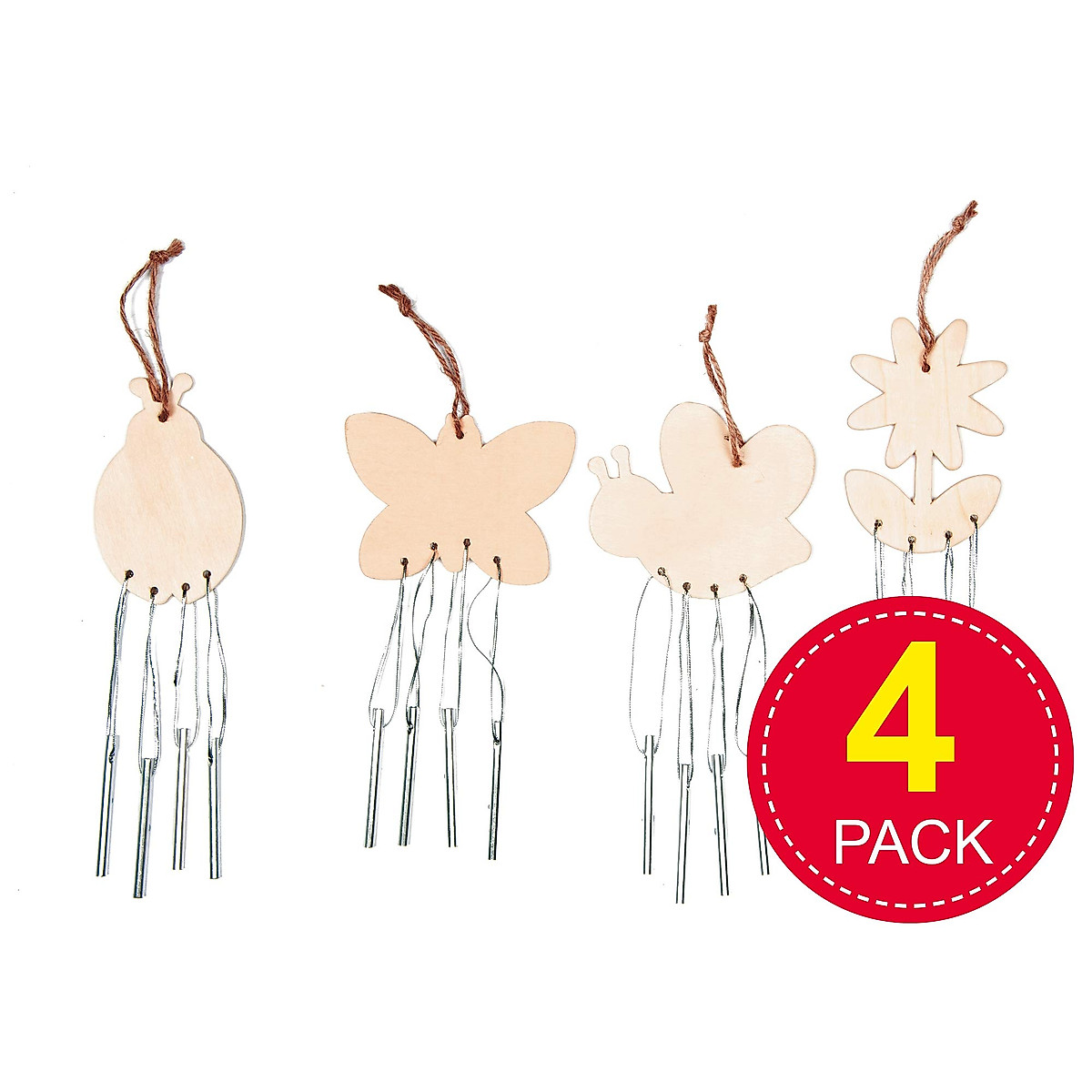 Baker Ross-E8743 Wildlife Wooden Windchimes, Perfect for Children to Design and Decorate, Ideal for School, Home Craft Group Activities (Pack of 4), 10cm, 4 Pack