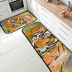 Vantaso Kitchen Floor Mat Rug Siberian Tiger Watercolor Set of 2 Cushioned Non-Slip Comfort Runner Rugs