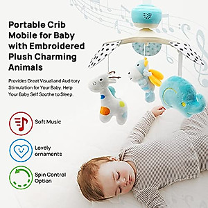 Duomilee Baby Mobile for Crib, Portable Mobile Crib for Baby with Relaxing Music, Rotatable and Length-Adjustable, Nursery Mobiles for Bassinet with Animals Toys for Newborn Aged 0-5 Months(Blue)