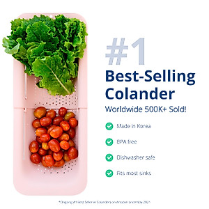 BLUE GINKGO Over the Sink Colander Strainer Basket - Wash Vegetables and Fruits, Drain Cooked Pasta and Dry Dishes - Extendable - New Home Kitchen Essentials (7.9 W x 14.5-19.5 L x 2.75 H) (Pink)