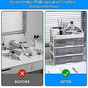 4 Tire Desk Drawer Organizer,3 Drawer Desktop Plastic Storage Drawers,Clear Desk Organizer with Sliding Drawer,Desktop Organization for Office School Home, Makeup Supplies,Transparent Gray