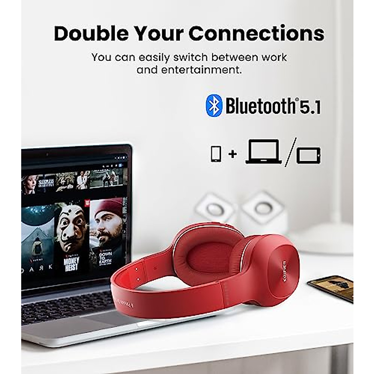 Edifier W800BT Plus Wireless Headphones Over-Ear Headset - Qualcomm® aptX - Bluetooth V5.1 - CVC™ 8.0 Call Noise Cancelling - 55H Playtime - Built-in Microphone - Physical Button and App Control, Red