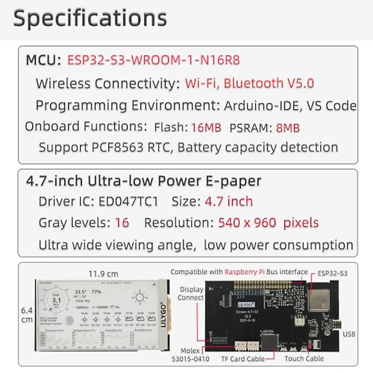 LILYGO T5 4.7 Inch E-Paper V2.3 ESP32-S3 Development Driver Board TTGO Display Module Support TF Arduino (Female pin Welded Version)