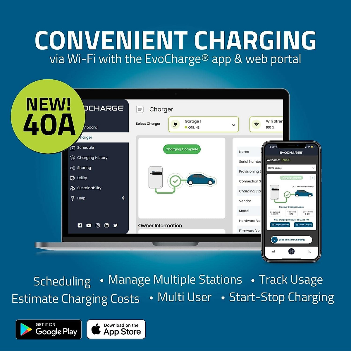 EvoCharge iEVSE® Home 40 | Smart Level 2 EV Charger, WiFi Enabled Up to 40 Amps, 25 Foot Cable, 240V, UL Listed, NEMA 6-50 Plug, Indoor/Outdoor, Up to 30