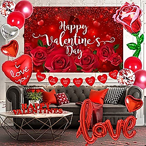 Valentines Day Home Decorations-I Love You Balloons Valentines Day Backdrop for Photography Red Heart Rose Valentines Romantic Decorations