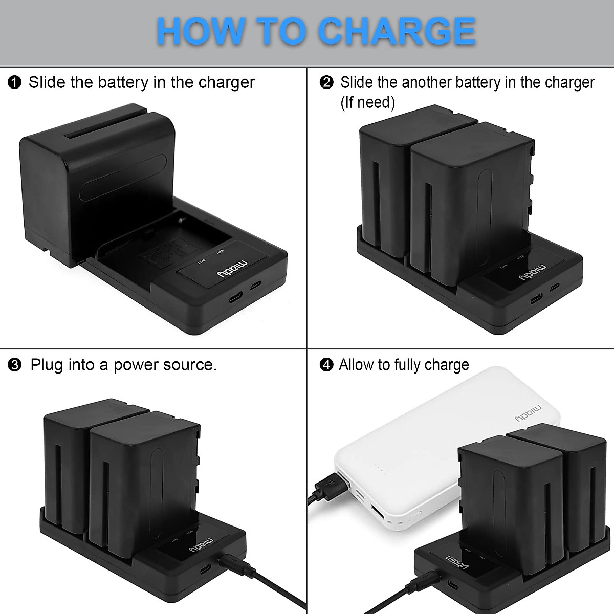 Miady 2 Pack Replacement Sony NP-F970 Battery and Dual USB Charger for Sony NP-F970 NP-F930 NP-F950 NP-F960 NP-F550 NP-F530 NP-F330 NP-F570 Battery and Sony Handycam(Type C & Micro USB Ports)