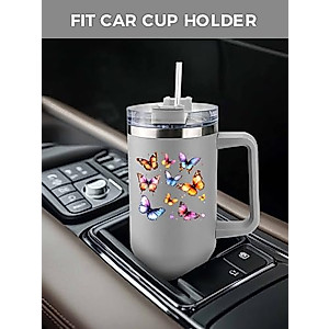 40 ounce insulated cup with handle, double-layer vacuum stainless steel material, equipped with straw, can keep warm or maintain cold drinks Colorful Butterfly grey
