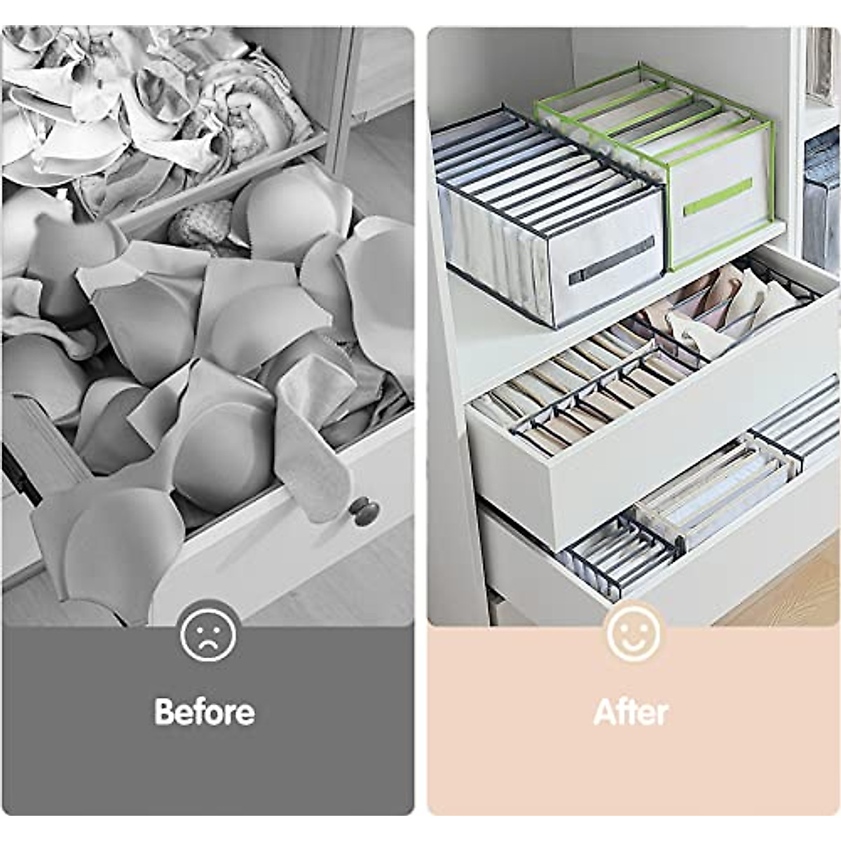 ChezMax Foldable Clothes Organizer Box, Mesh Closet Underwear Storage Bins, Grey Washable Folded Wardrobe Drawer Dividers Set, 6/7/24 Compartment/Grids for Clothing Socks Jeans Pants Ties Scarves Bras
