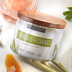 Essential Elements by Candle-lite Scented Candles, Lemongrass & Coriander Fragrance, One 14.75 oz. Three-Wick Aromatherapy Candle with 45 Hours of Burn Time, Off-White Color