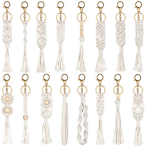 Junkin 16 Pack Mini Macrame Keychains Cute Boho Macrame Bag Charms Handcrafted Aesthetic Boho Car Accessories Boho Keychain for Women Tassel Keychain for Car