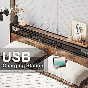 LIKIMIO Queen Bed Frame with Storage Drawer, 2-Tier Storage Headboard with Charging Station, No Box Spring Needed, Easy Assembly, Vintage Brown