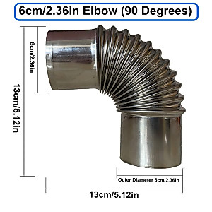 BODLYL 2.36 inch Stove Pipe, 2 Pcs 45 and 90 Degree Chimney Stainless Steel Flue for Outdoor Camping Wood Stove, Camping Stove Accessories, Diameter 6cm (90°+45°)