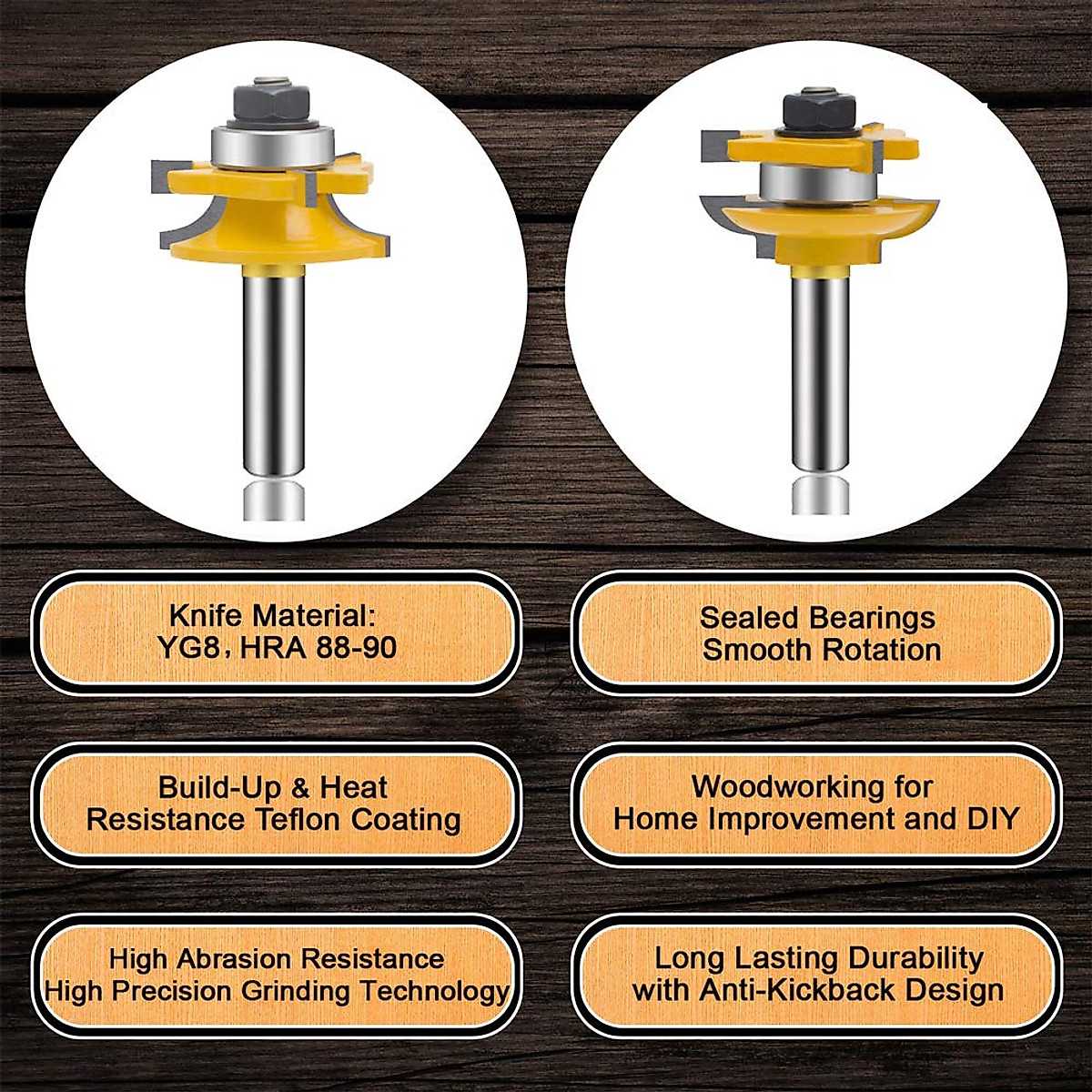 LEATBUY 1/2 Inch Shank Raised Panel Router Bit Set 3 PCS, Round Over Cabinet Door Rail and Stile Router Bits, Woodworking Wood Cutter, Wood Carbide Groove Tongue Milling Tool(1/2-Double R)