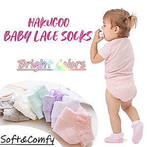 hakugoo Baby Girl Lace Socks Eyelet Ruffle Socks 6 Pairs Pack Princess Dress Socks Infant Toddler, White Ivory Pink Purple Green Grey,6-12 Months