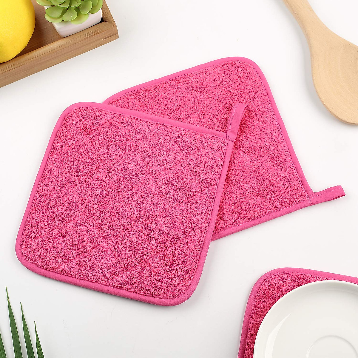 100% Cotton Kitchen Everyday Basic Terry Pot Holder Heat Resistant Coaster Potholder for Cooking and Baking Set of 5 (Dark Pink, Potholder)