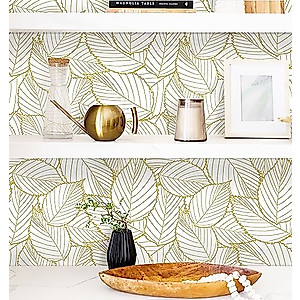 Peel and Stick Wallpaper Gold Contact Paper Leaf Wallpaper Boho Leaves Peel and Stick Wallpaper Self-Adhesive Wallpaper Waterproof Wallpaper for Wall Home 17.7" X118"