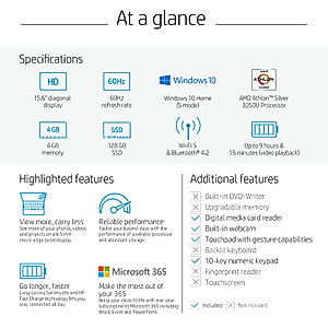 HP 15.6" AMD Athlon Silver 3050U, 4GB DDR4 RAM 128GB SSD, HDMI USB-C WiFi Webcam, Wireless Mouse, Sleeve, Rose Gold, Windows 10S, with one Year Microsoft 365, and GOLDOXIS SD Card