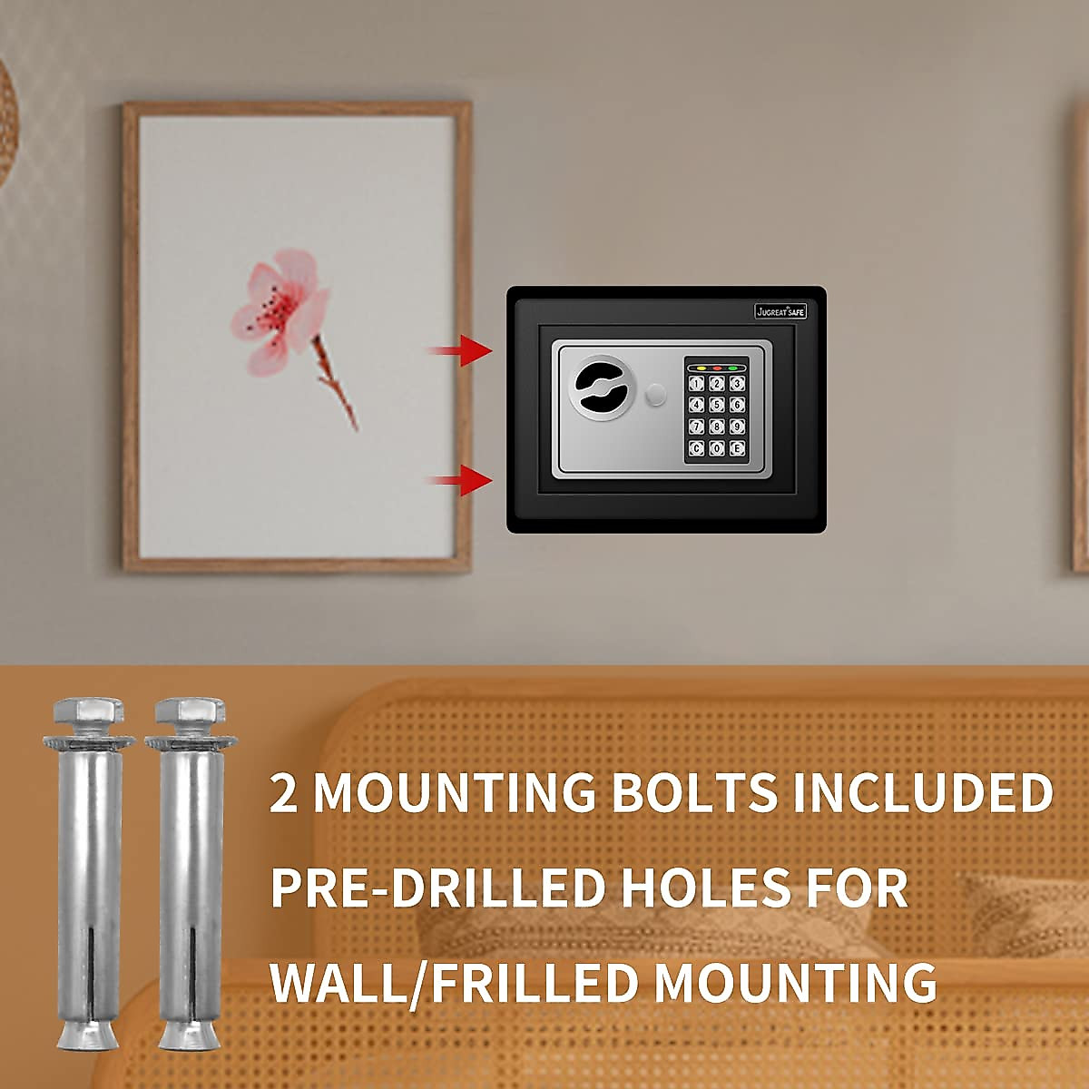 JUGREAT Safe Box with Induction Light,Electronic Digital Security Safe Steel Construction Hidden with Lock，Wall or Cabinet Anchoring Design for Home Office Hotel Business 0.23 Cubic Feet Black