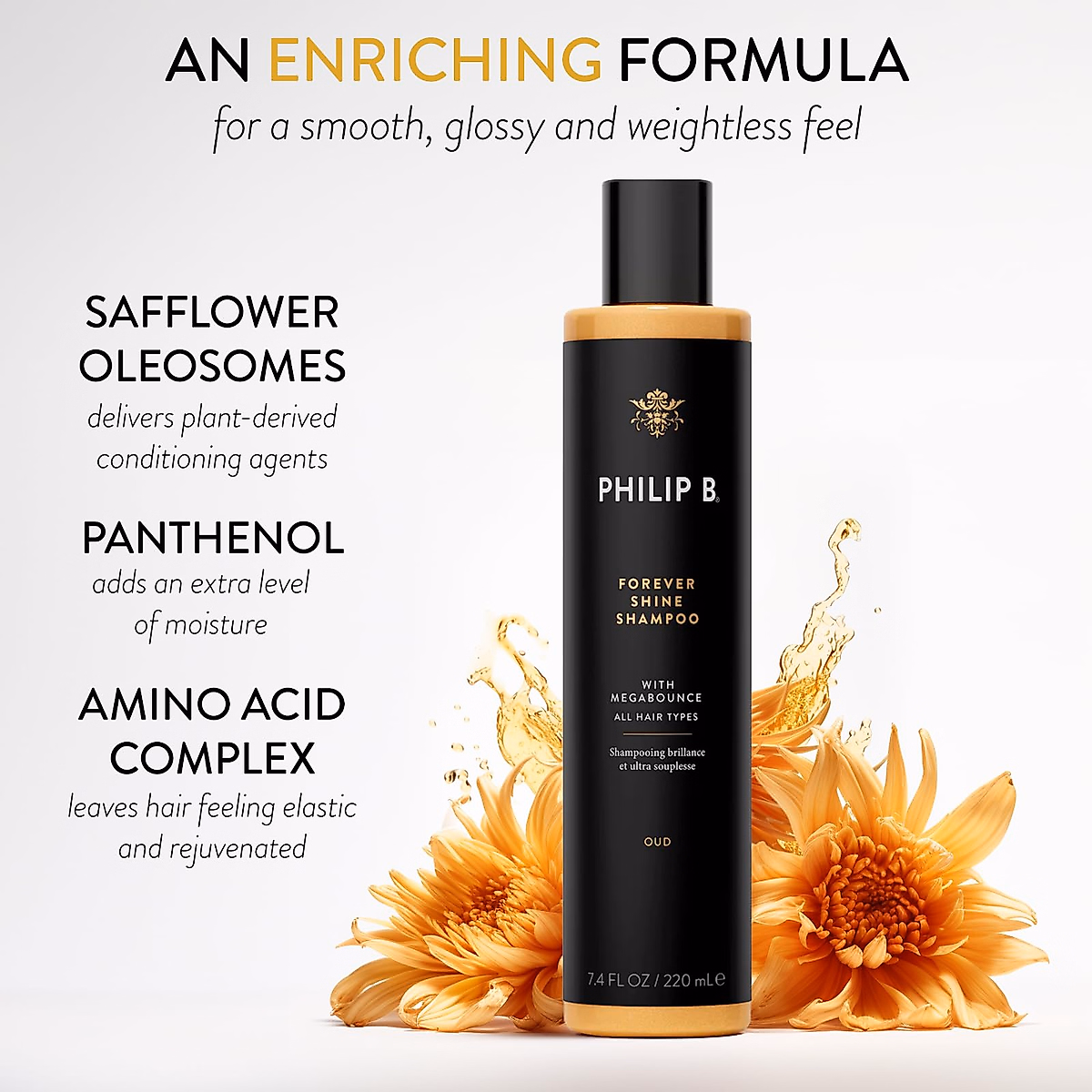 PHILIP B Forever Shine Shampoo, 7.4 fl. oz. (220 ml) - Volumizing Cleanser With Notes of Pure Oud Leaves Hair Smooth & Glossy, Reduces Frizz, For All Hair Types