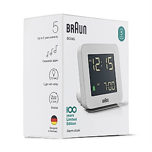 Braun Digital Alarm Clock with Snooze, Negative LCD Display, Quick Set, Crescendo Beep Alarm in Grey, Model BC09G.