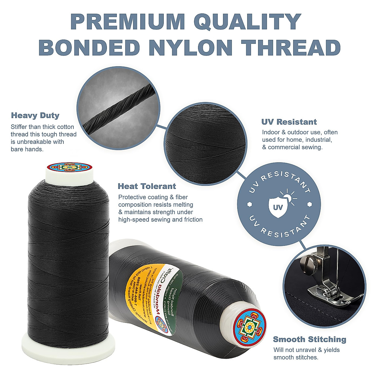 Mandala Crafts Tex 70 Bonded Nylon Thread for Sewing - 1500 YDs T70 Heavy Duty Black Nylon Thread Size 69 210 D Upholstery Thread for Leather Jeans Weaving