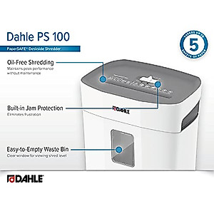 Dahle PaperSAFE PS 100 Paper Shredder, Oil Free, Jam Protection, Security Level P-4, 5 Sheet Max, Shreds Staples, Paper Clips & Credit Cards
