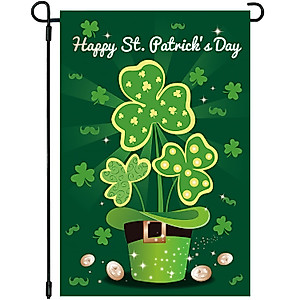 CAVLA Happy St. Patrick's Day Garden Flag Shamrock Leprechaun Hat Decorative Irish Yard Flags Double Sided 12 x 18 Inch Saint Patrick's Day Lucky Day Outdoor Garden Lawn Farmhouse Decorations