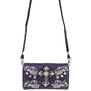 Zelris Western Cross Floral Women Crossbody Wrist Trifold Wallet (Purple)
