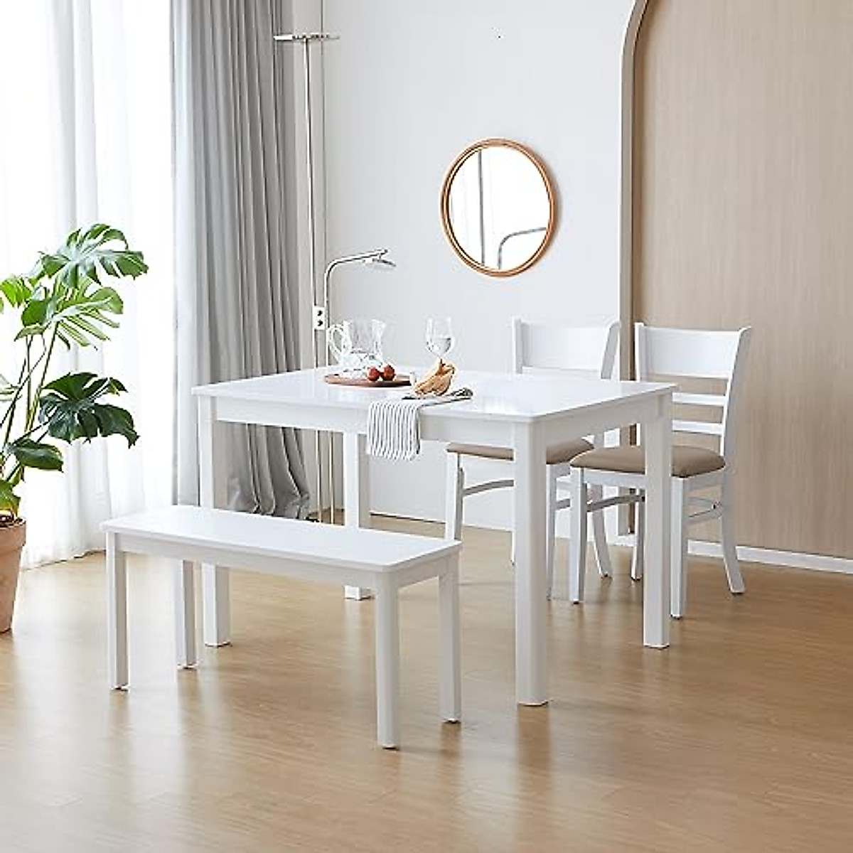 Livinia 4 Piece Cabin Wooden Dining Room Table Set with 2 Ladder Back Chairs and Bench (White)