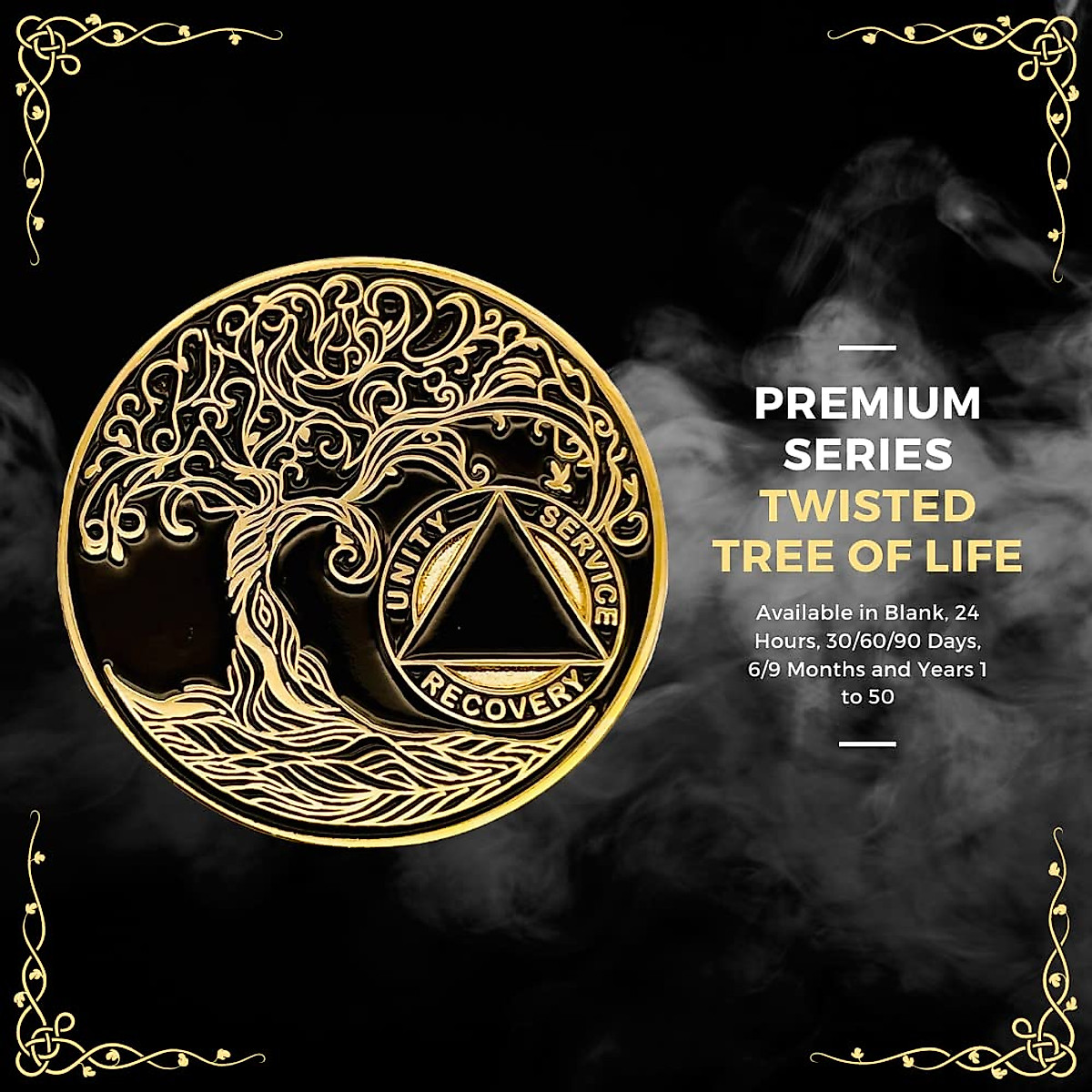 6 Months Sobriety Mint Twisted Tree of Life Gold Plated AA Recovery Medallion/Chip/Token - Black