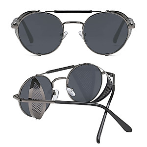 VANLINKER Steampunk Sunglasses for Men Women Polarized Retro Round Side Shield Vintage Crowley Metal Frame with UV400 Protection VL9504