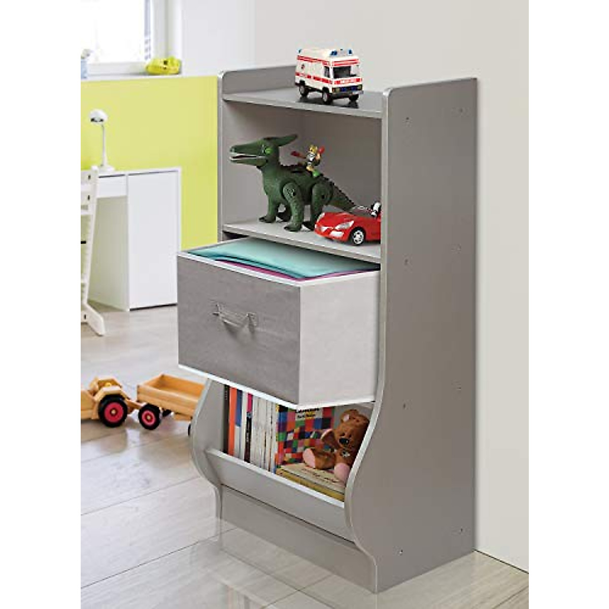 Badger Basket Kid's Upright Toy and Book Storage Nook with Reversible Fabric Basket - Woodgrain Gray