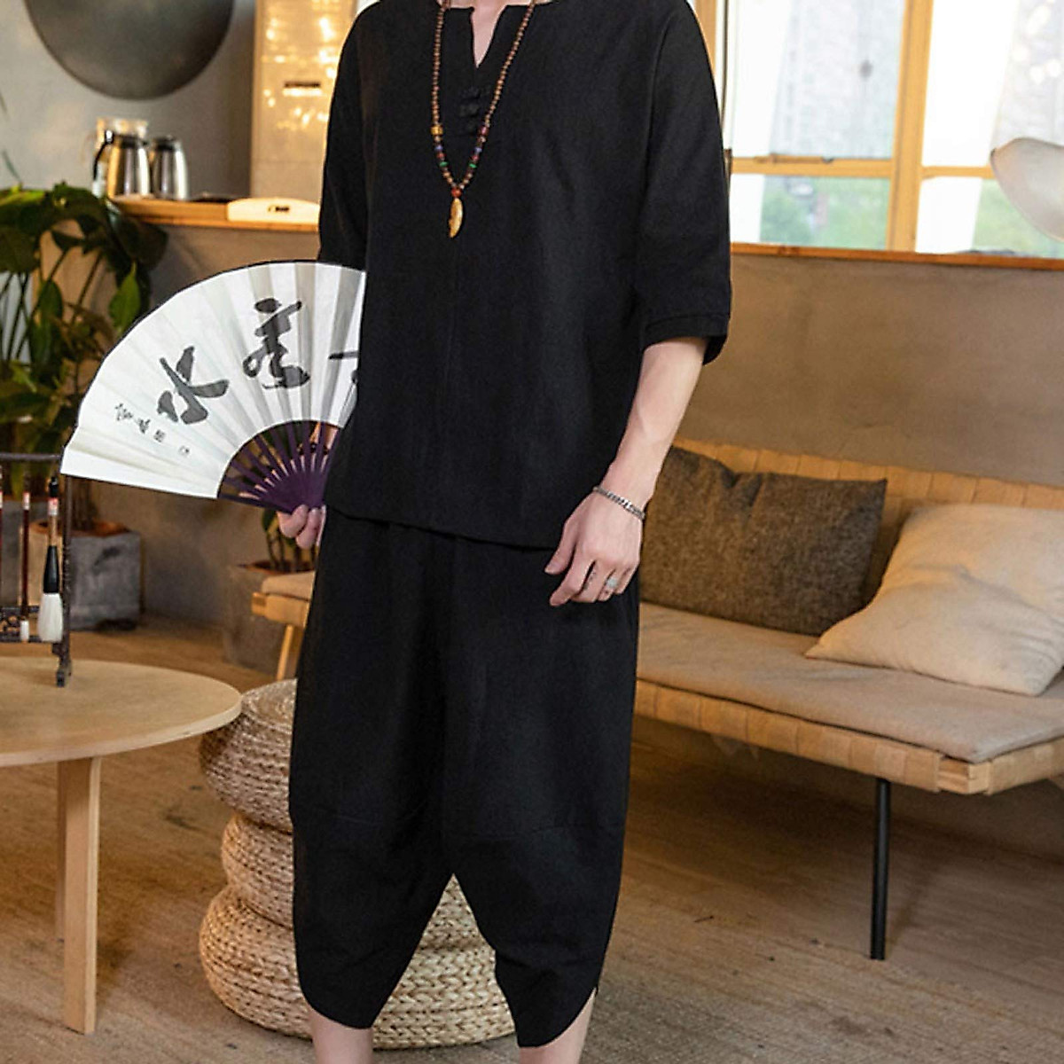 Mens 2 Pieces Big and Tall Summer Cotton Linen Set Short Sleeve Henley Shirt and Casual 3/4 Shorts Yoga Outfits with Pockets Black