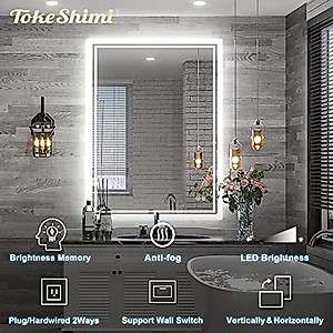 TokeShimi 32 X 24 Inch LED Bathroom Mirror with Front and Back Light 3 Color Dimmable Anti Fog Function Touch Switch Wall Mounted Bathroom Mirror with Adjustable White/Warm/Natural Lights Waterproof