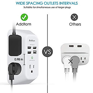2 Pack USB Wall Charger Surge Protector, 5 Outlet Extender with 4 USB Charging Ports (1 USB C Outlet) 3 Sided 1800J Power Strip Multi Plug Outlets, Wall Adapter Spaced for Home Travel Office