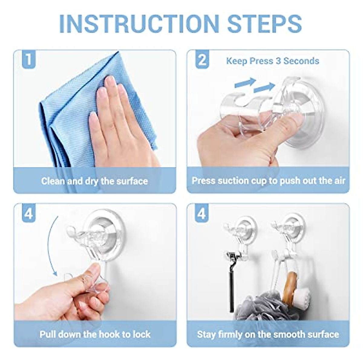 Teletrogy Large Suction Cup Hooks Shower Razor Holder - 2 Pack Heavy Duty Reusable Vacuum Shower Hook, Damage Free Wall Hooks for Bathroom Kitchen Towel Loofah Sponge Key Shaver Bathrobe Wreath