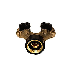 Kasian House Heavy Duty Solid Brass Garden Hose Splitter, Y Valve, 2 Way Connector for Outdoor Faucet, Comfort Grip Handles, 2 Extra Threads