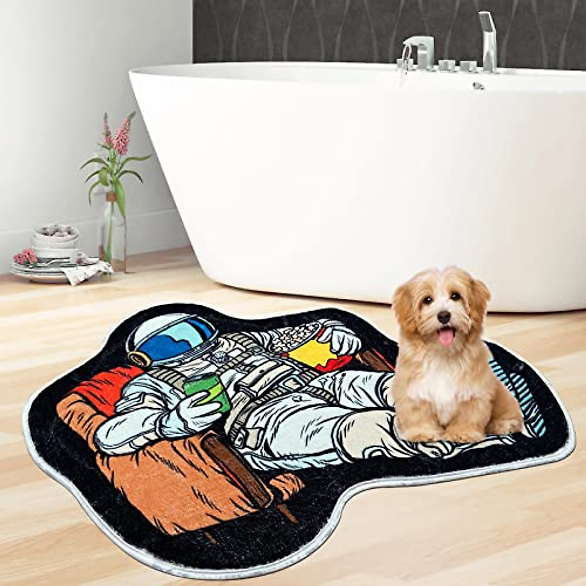 Fun Cartoon Leisurely Astronaut Graphic Print Bathroom Rug Super Absorbent Microfiber Carpet Creative Art Plush Rugs Non-Slip Rubber Mat