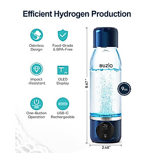 Hydrogen Water Bottle, BUZIO 3000ppb Hydrogen Water Bottle Generator Machine with Gen5 Technology Real Pure Hydrogen Concentration Alkaline Water bottle for Fitness, with Dupont Membrane, OLED Display