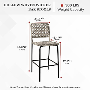 Sundale Outdoor Patio Bar Stools Set of 2, Hand Woven PE Rattan Hollow Back Armless Barstools for Deck Yard Porch, All-Weather Gradient Grey Wicker Outside Tall Chair Set