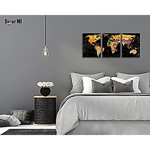 Decor MI World Map Wall Art on Canvas Black Canvas Prints Paintings 3 Pieces Canvas Map of The World Children Education Ready to Hang Map Decor Wall Artwork for Living Room Bedroom Bathroom Home