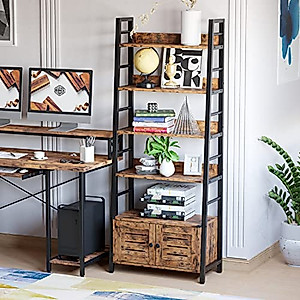IRONCK Bookshelf with Louvered Doors, 4-Tier Ladder Shelf with Cabinet Industrial Accent Furniture for Bedroom Living Room Home Office, Rustic Brown