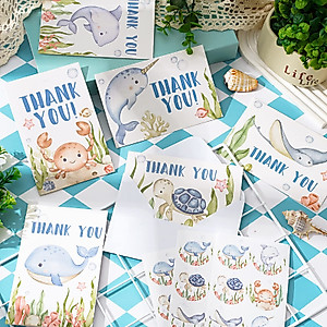 Whaline 30 Pack Under the Sea Thank You Cards with Envelopes Stickers Watercolor Ocean Animal Baby Shower Thank You Cards for Greeting Birthday 4 x 6 Inch