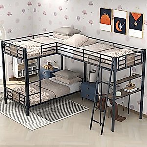 DEYOBED Twin Over Twin L-Shaped Triple Bed Bunk Bed with Loft, Desk, and Shelf - Versatile Sleep and Study Solution for Kids, Teens, and Adults