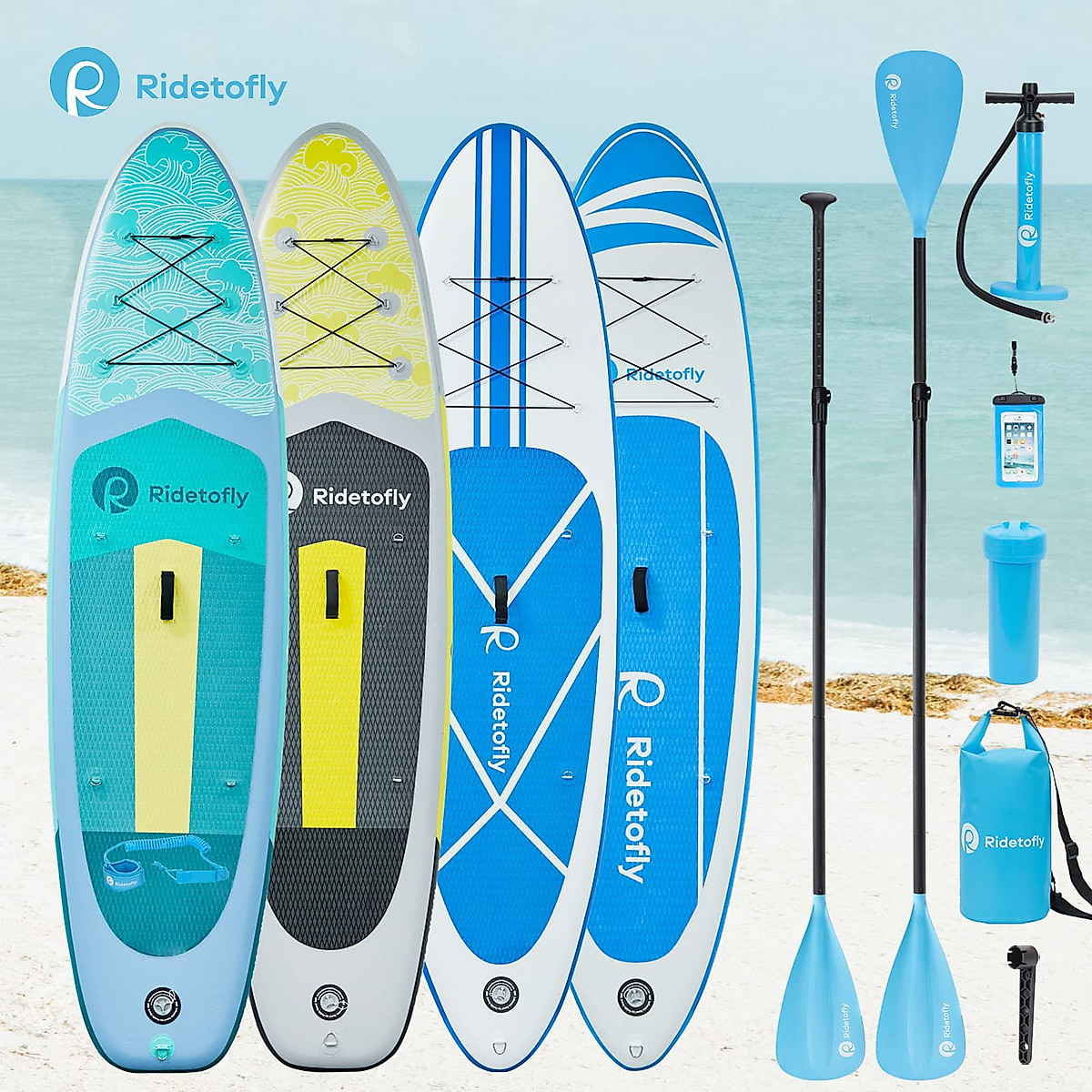 Ridetofly SU01 Stand Up Paddle Board 10.6'x32 x6, Inflatable SUP with 12pcs Accessories, Adjustable Paddles, Detachable Seat, Backpack Pump Fins Included, Paddle Boards for Adults Youth, Up to 330lbs