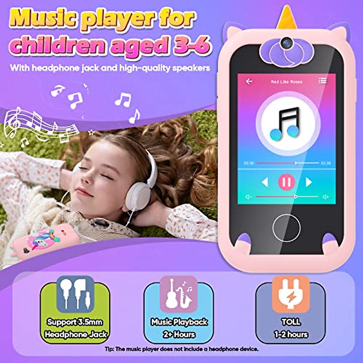 Lizzbey Unicorn Phone for Girls Age 3-8 - Touchscreen Learning Toy with Camera and 8G SD Card