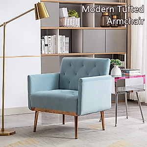 Olela Accent Chair with Arms for Living Room, Modern Tufted Single Sofa Armchair with Gold Metal Legs Upholstered Reading Chair for Bedroom Office Decorative (Velvet-Smooth Backrest, Blue)
