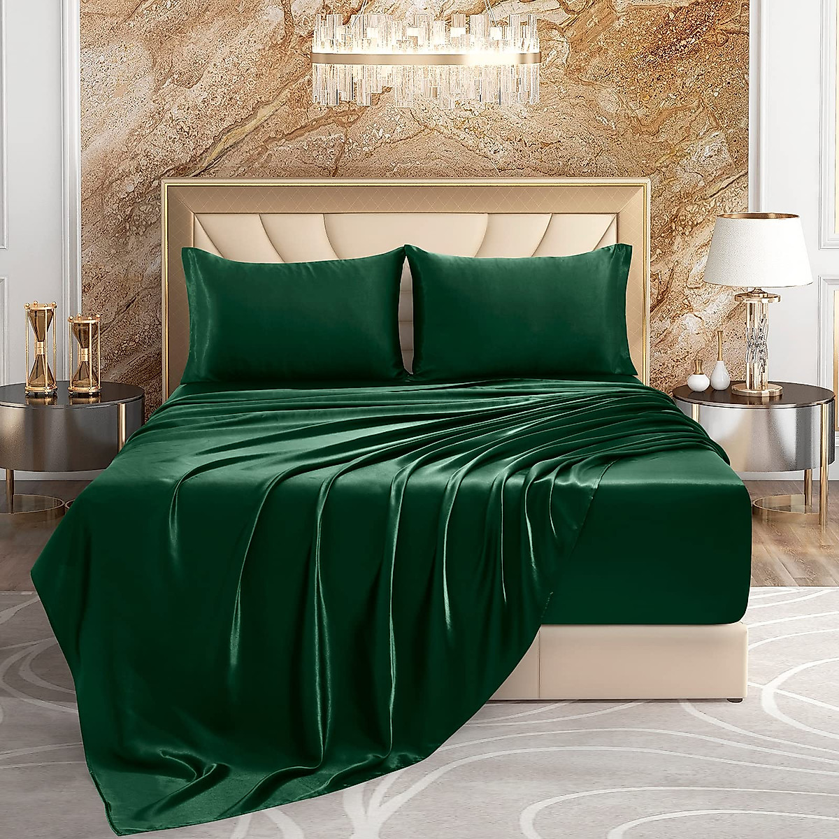 VACVELT 4pcs Extra Deep Pocket Satin Sheets Full Size Bed Set, Blackish Green Satin Sheet Set Fit 18-24 Inch Deep Pocket Mattress, Silky & Luxury Satin Bedding Set Soft & Ultra Deep Fitted Sheet Set