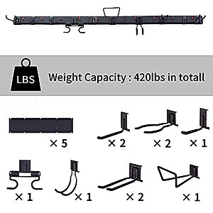Homeon Wheels Tools Storage Rack system, for Room, Garage Organizer &Garden Organizer, Heavy-duty Solid and Easy to Install, Holds 10 hooks & Max 420 lbs, Holds Shovels, Rakes, Maps, Skis and Bikes